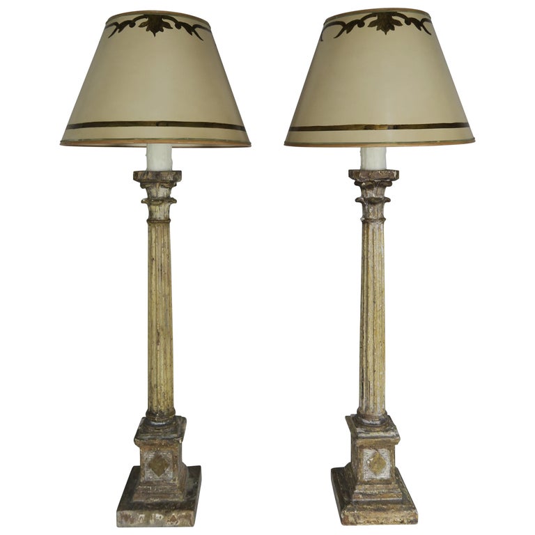 Pair of Italian Carved Neoclassical Style Lamps with Parchment Shades ...