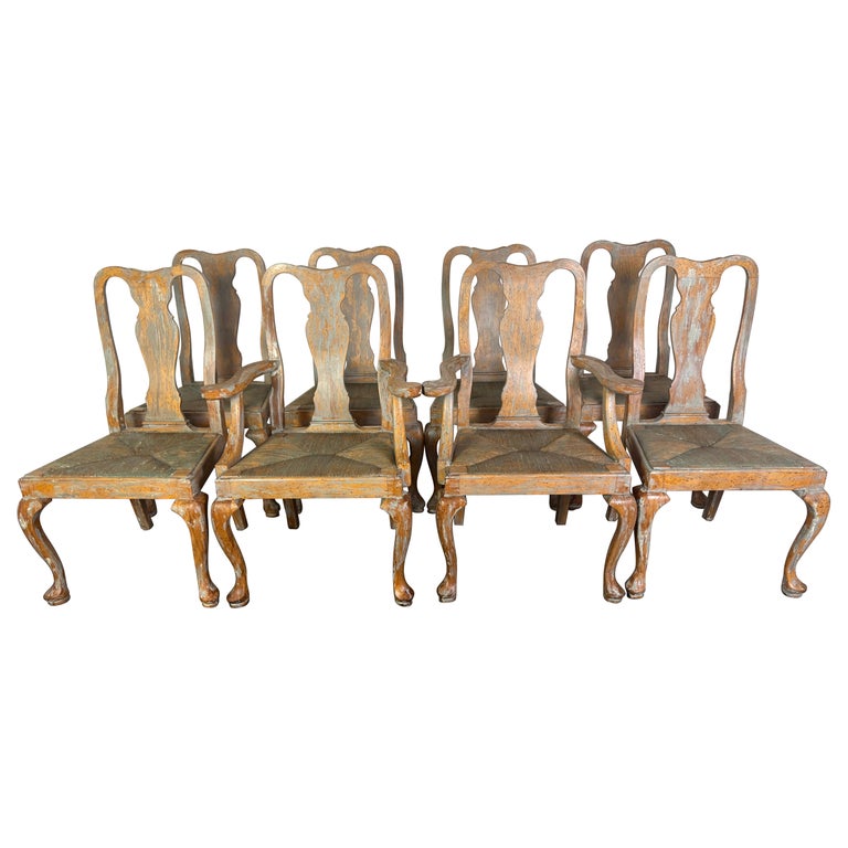 Set of Eight Queen Anne Dining Chairs, Carved Wood, Distressed Finish ...